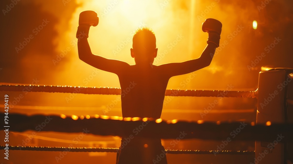 Stock-Foto „Victorious young boy in boxing ring arms raised in triumph ...