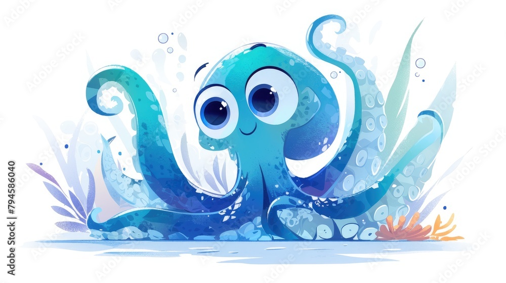 A charming 2d illustration featuring a playful cartoon octopus set ...