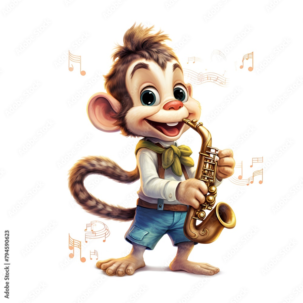 Cartoon monkey with saxophone and music notes isolated on white ...