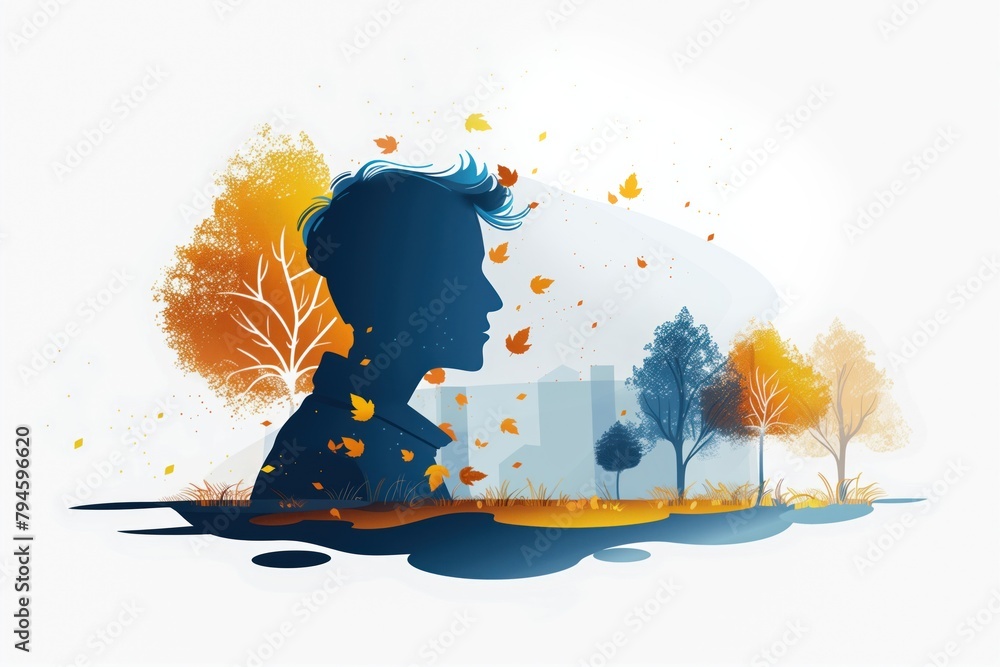 Sad man silhouette. Person in depression, backdrop of falling leaves ...
