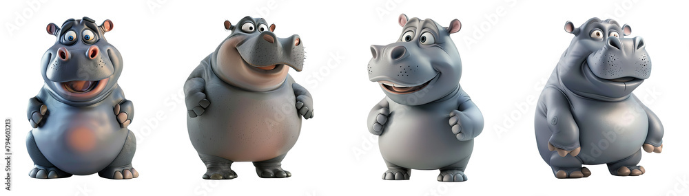 Set of 3D cute happy cartoon hippocampus or hippo, isolated on white ...