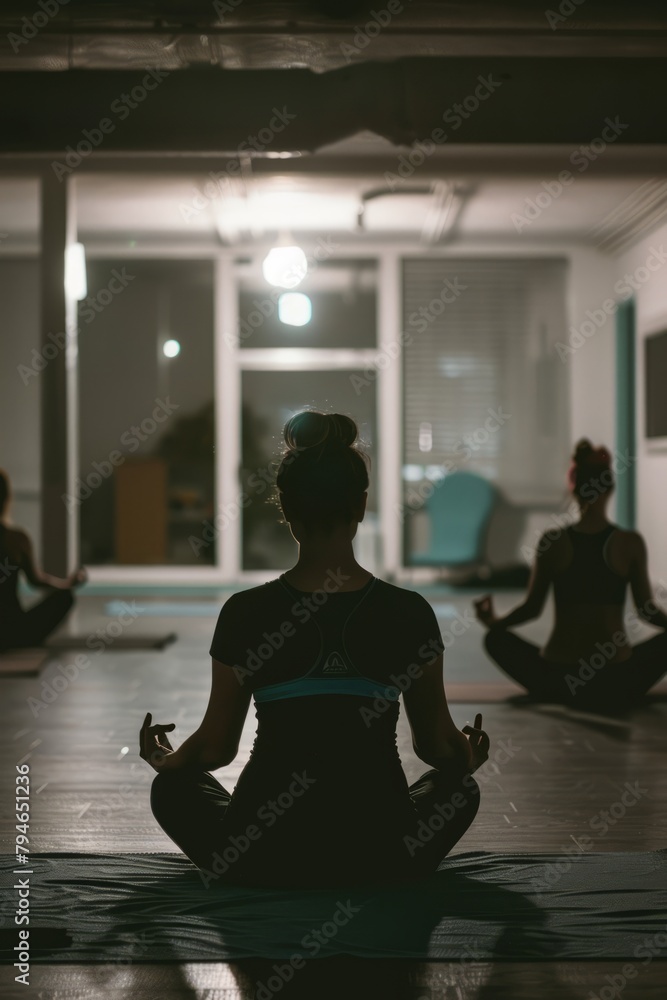 Professional Photography of a late-night yoga class in a dimly lit ...