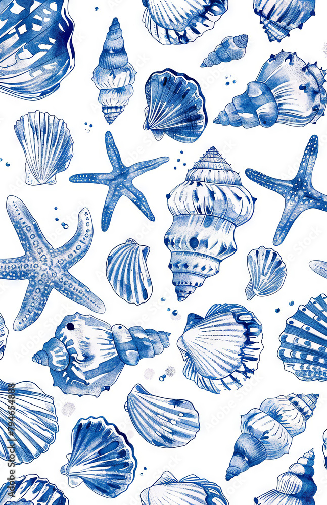 Artistic blue shells and starfish watercolor design - Artful watercolor ...