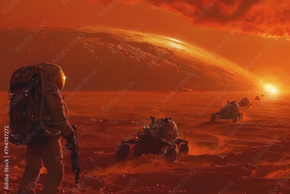 A human astronaut and a robot exploring the surface of Mars, collecting ...