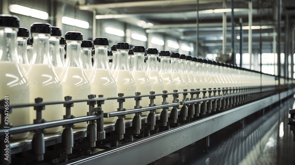 Streamlined milk bottling process captured in a dairy plant, with rows ...