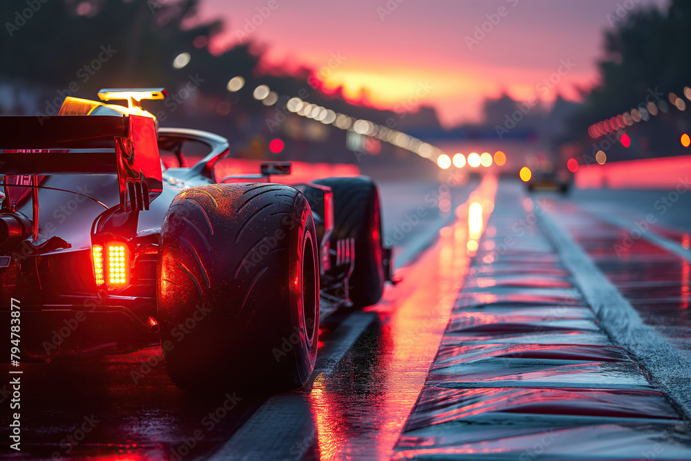 back light of black formula one racing car on start race at evening ...