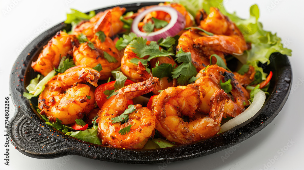 Indian seafood dish tandoori shrimp with herbs and spices grilled on ...