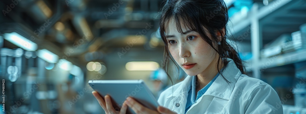 Clinical researcher using a tablet to control conditions in an ...