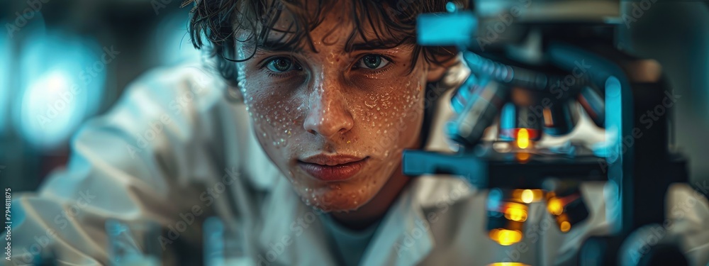 Student examining a specimen slide under an electron microscope in a ...