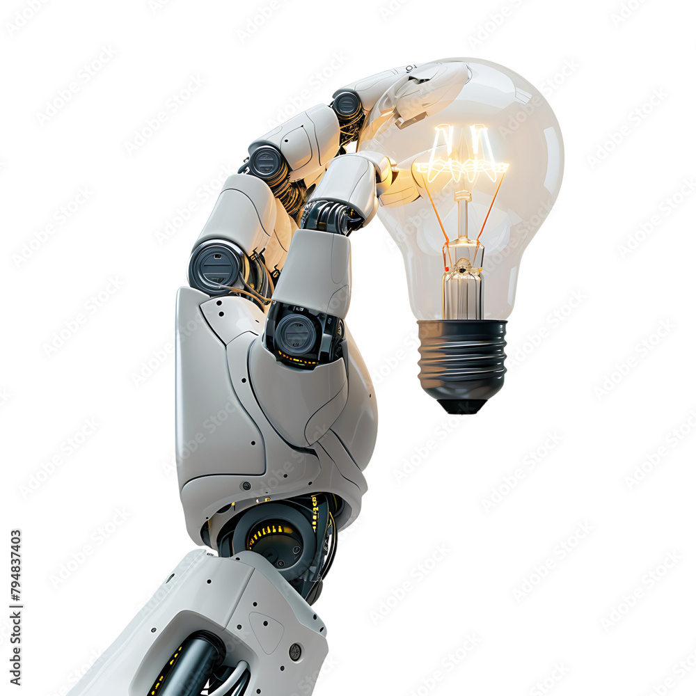 Ai robot hand holding lightbulb on isolated transparent background ...