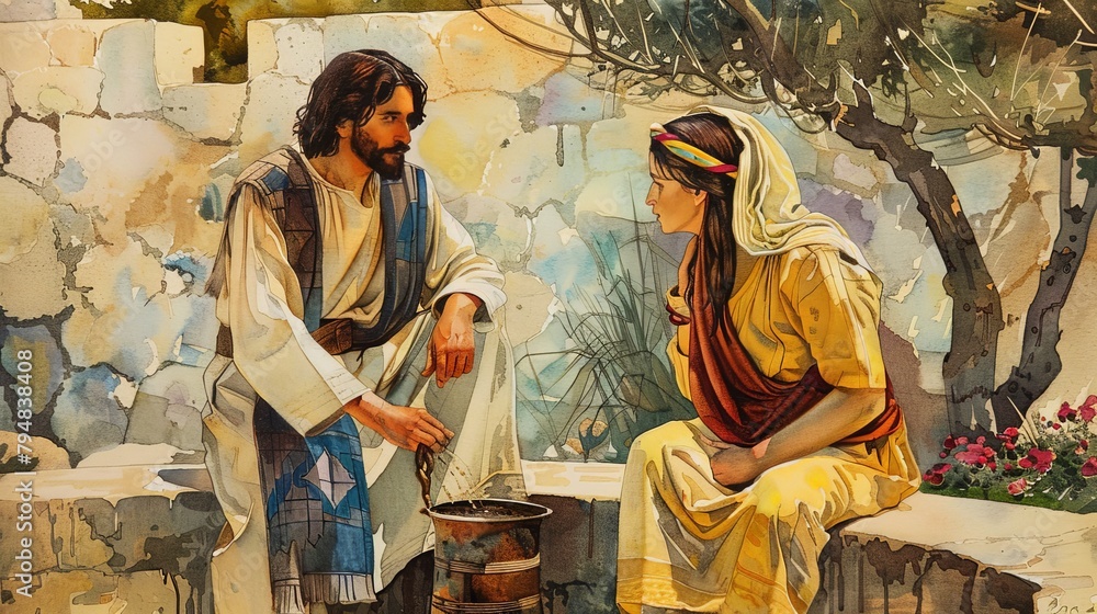 Jesus and the Samaritan woman at the well, illustrated in warm ...