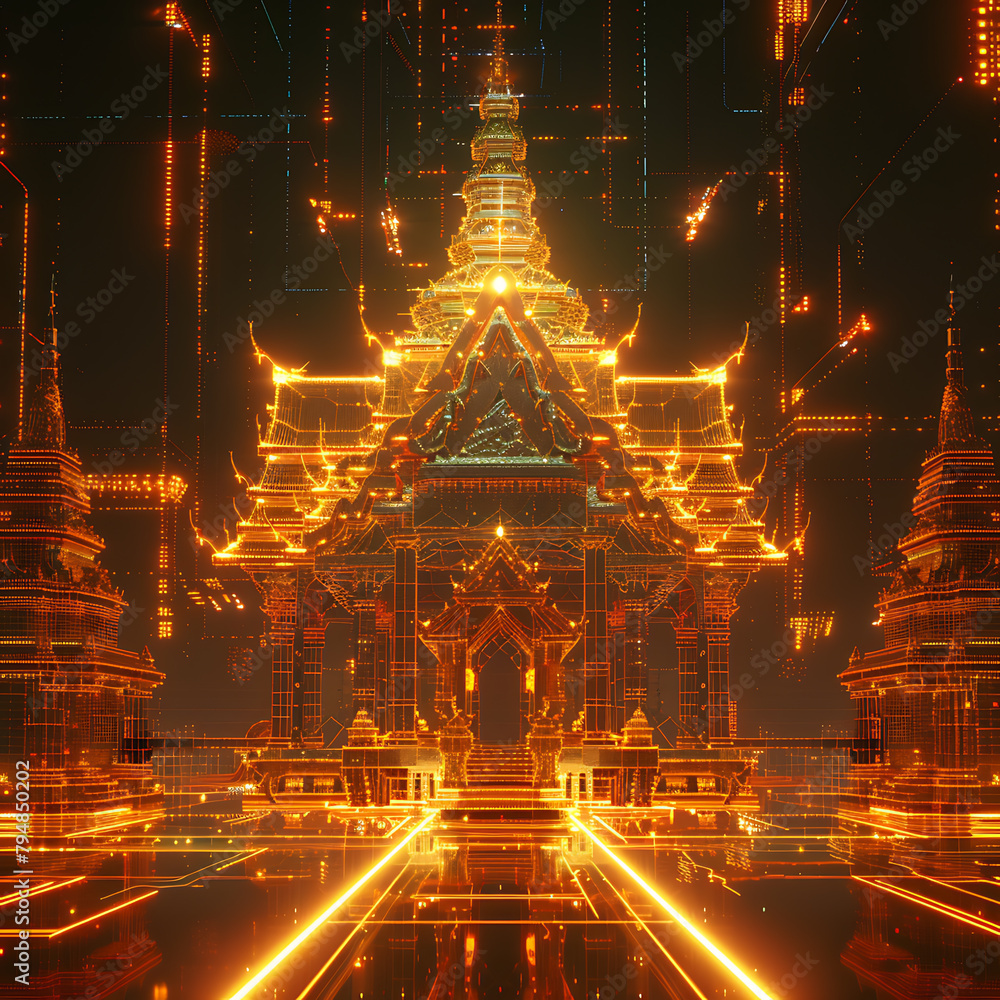 Thai temple 3D hologram wireframe pixels, orange neon light, volumetric epic quantum computing ...