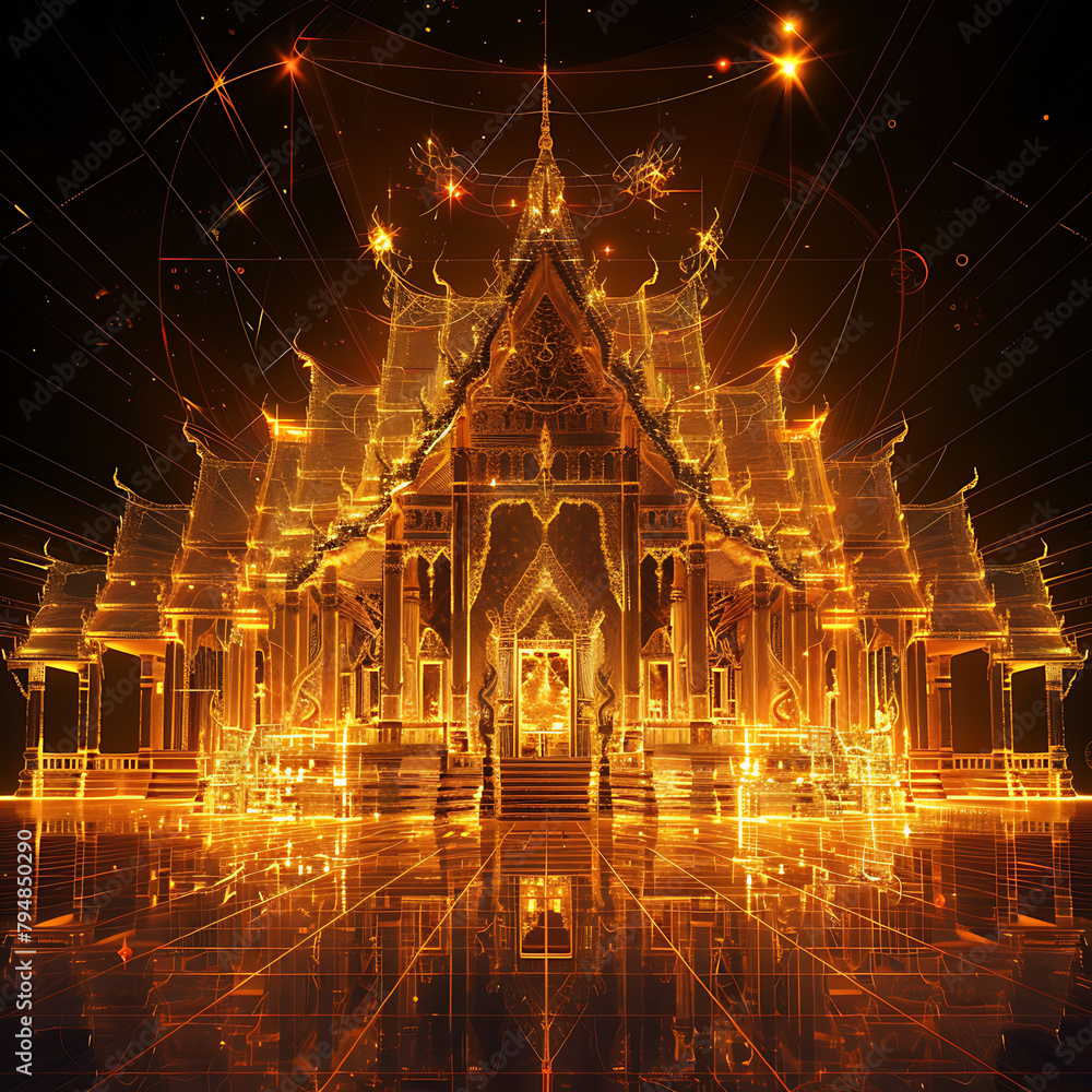 Thai temple 3D hologram wireframe pixels, orange neon light, volumetric epic quantum computing ...