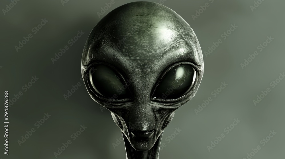 A detailed image of an alien head featuring green eyes and an ...