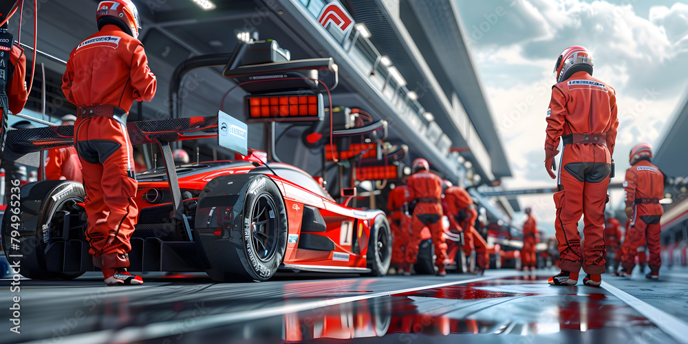 Professional pit crew ready for action as their teams race car arrives ...