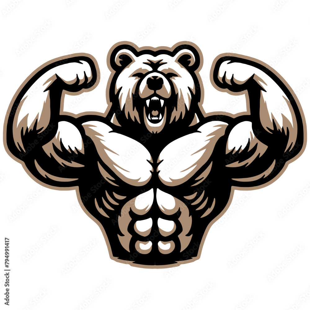 Angry grizzly bear with a muscular torso, vector, logo, cartoon ...
