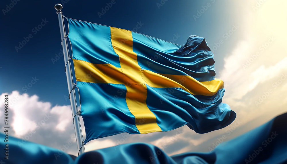 Sweden flag with big folds waving close up under the studio light ...