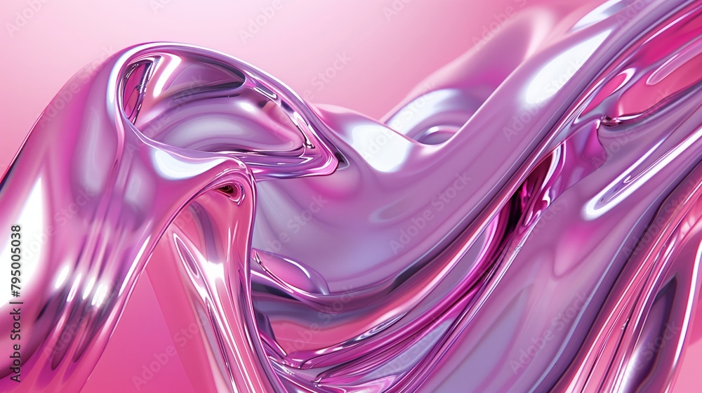 Reflective pink fluid art with wavy metallic texture. 3D renderings of ...
