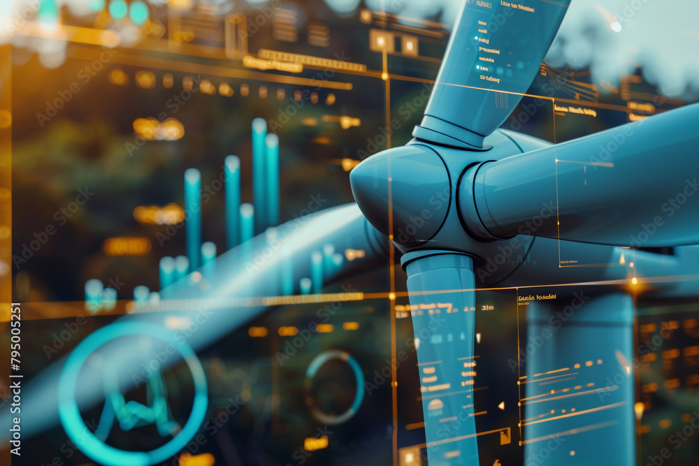 Detailed view of a wind turbine blade with financial data overlay ...
