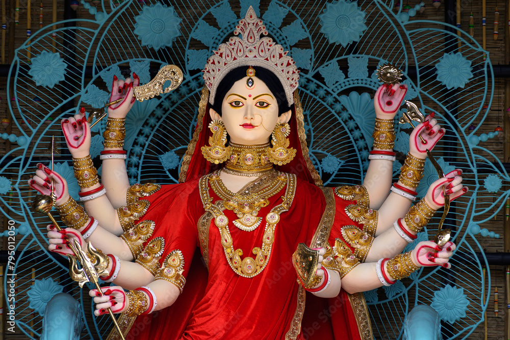 Idol of Goddess Devi Durga at a decorated puja pandal in Kolkata, West ...