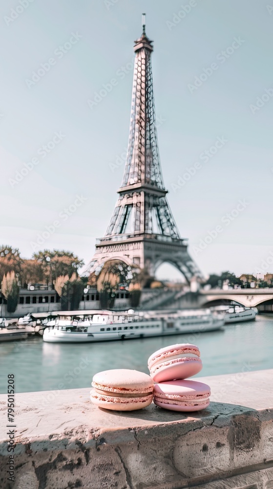 Pink and white macarons with the Eiffel Tower in Paris, white ...
