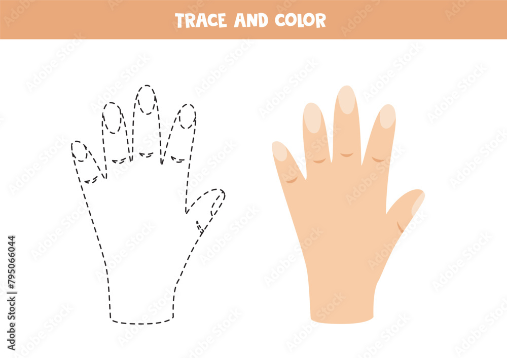 Trace and color cartoon human hand. Printable worksheet for children ...