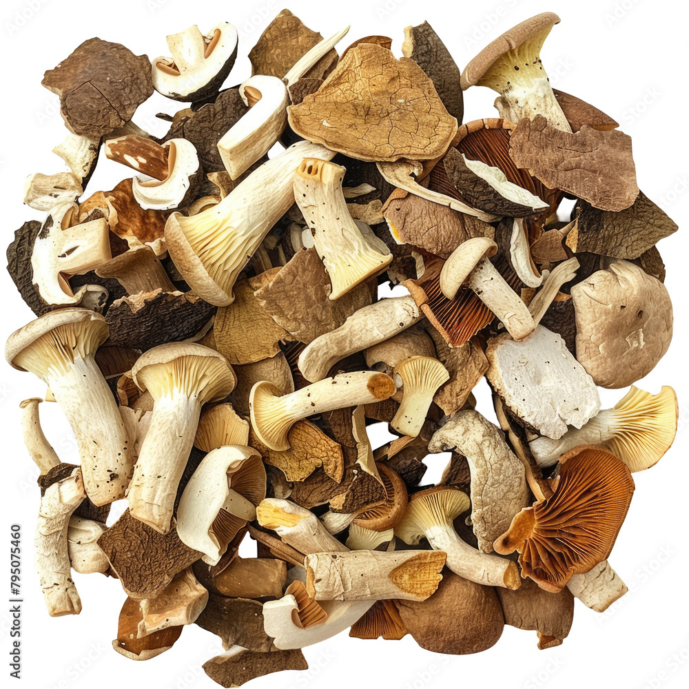A close up view showcases a collection of delectable dried mushrooms ...