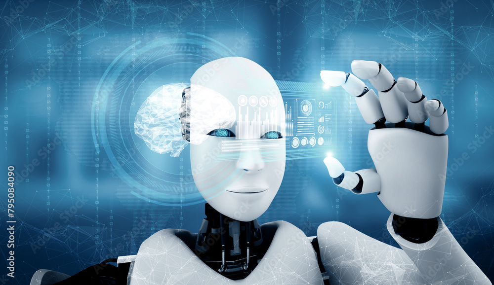 MLB 3d illustration Robot humanoid hold HUD hologram screen in concept ...