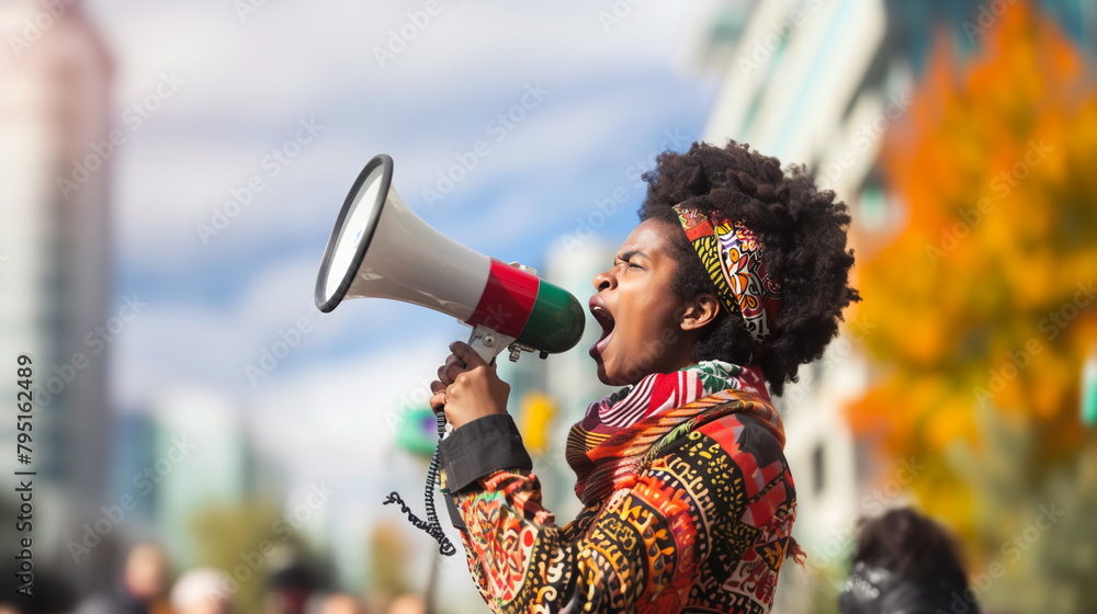 Woman, megaphone and shouting with protest crowd, protest in city ...