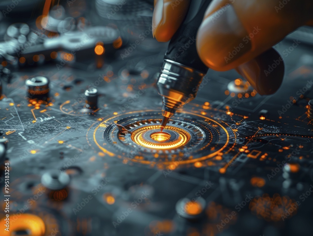 Illustrative representation of reverse engineering an alien device, technical blueprints, tools ...