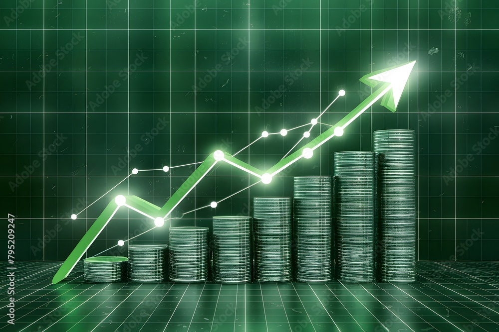 Green financial graph with rising trend and numerical values on grid ...