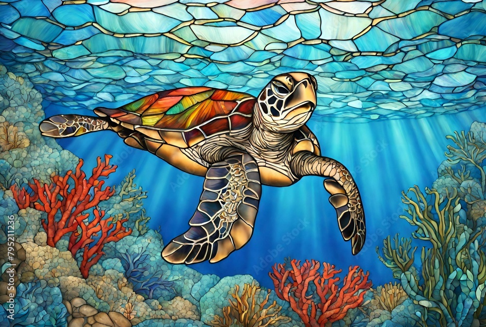Stained glass sea turtle swimming in blue ocean with coral abstract ...