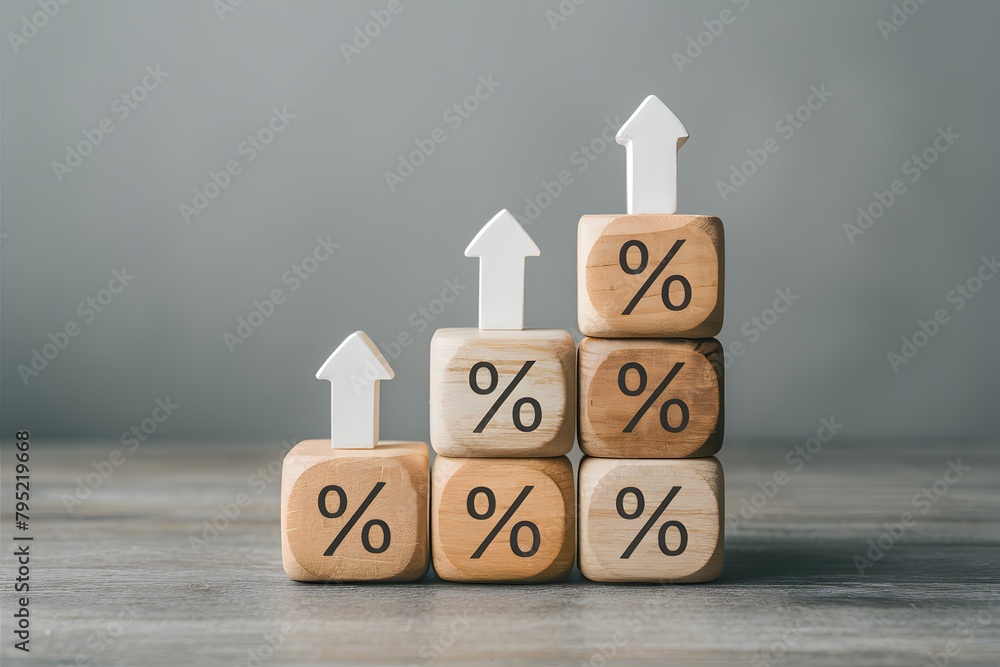 Wooden blocks, percentage symbols, white arrow convey growth, progress ...