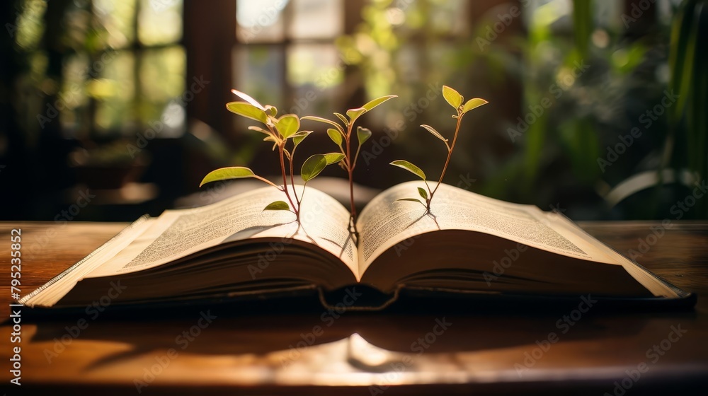 Closeup of an open book with Learn and Grow in bold, floating letters ...