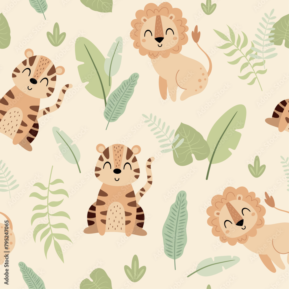 Jungle animal Seamless pattern in flat style. Safari digital paper with ...