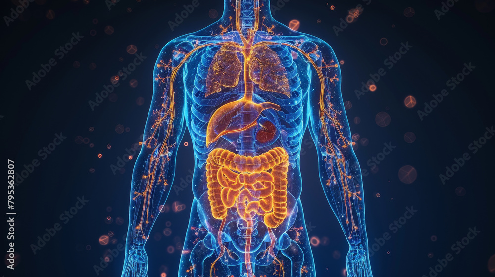 A close up of a human body with the stomach and intestines shown in red ...