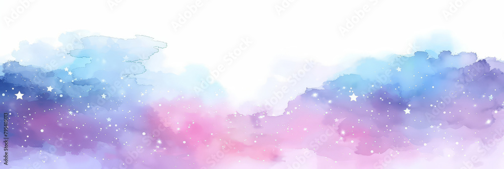 Watercolor sky with clouds and stars, dreamy, soft blue purple and pink ...