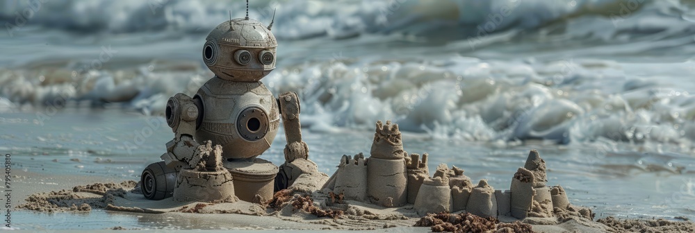 A solitary robot on the beach crafted intricate sandcastles, complete ...