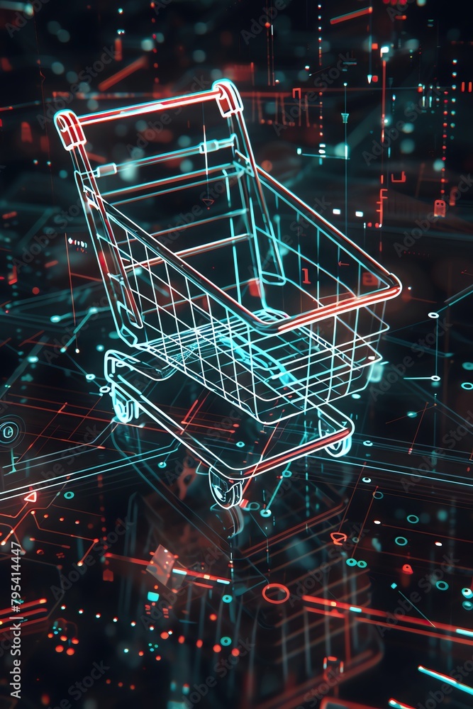 Virtual reality shopping interface displaying a digital cart and ...