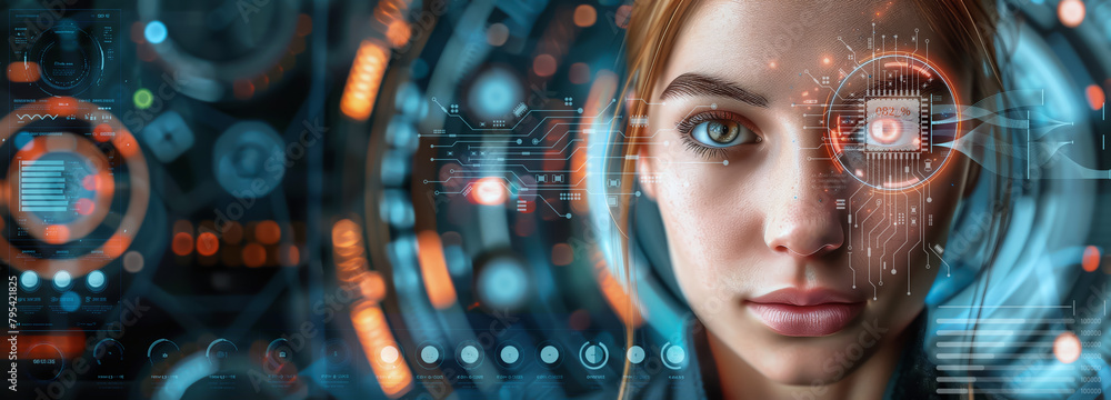 Portrait of a beautiful young woman with glowing red eye and futuristic ...