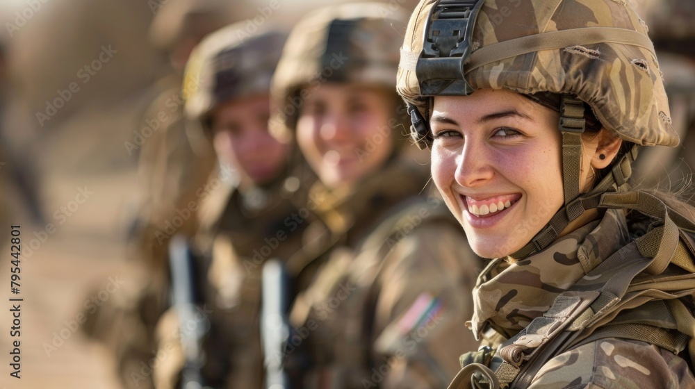 Beautiful female soldier in military uniform along with other soldiers ...