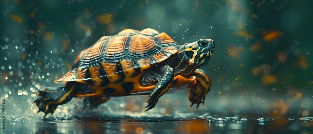 Turtle sprinting through city streets at night emphasizing speed and ...
