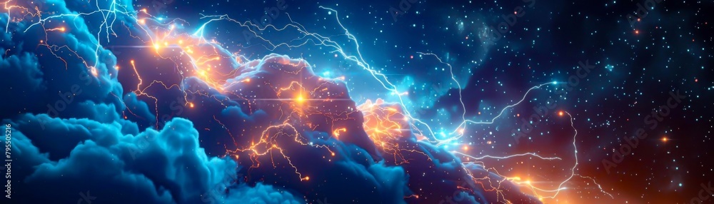 Conceptual photo of interconnected lightning bolts forming a network in ...