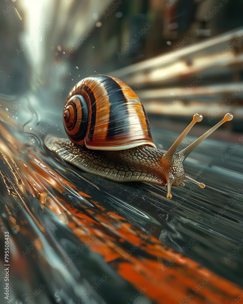 Conceptual art of a snail with racing stripes and miniature wheels on ...