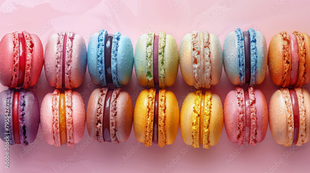 Full-frame image of multitude of colorful pastel French macaroons ...