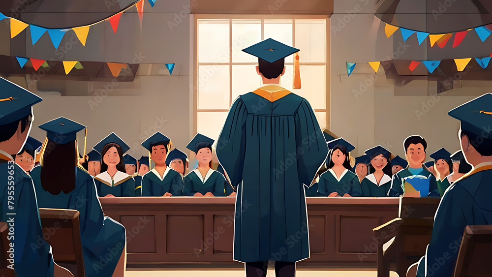 A young student man giving graduation speech to other graduated people ...