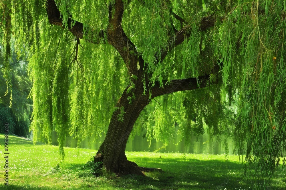 Graceful weeping willow tree with cascading branches and vibrant green ...