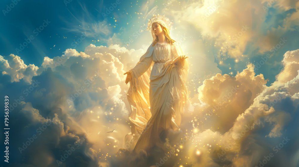 Virgin Mary with radiant halo amidst clouds and sunlight Stock Photo ...
