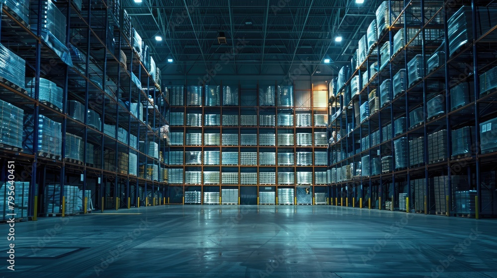 a warehouse, where racks and high-bay lights create captivating ...