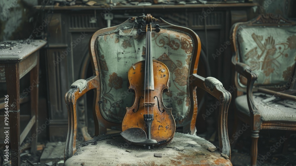 Eerie still life of a broken violin on an old chair, photograph with a ...